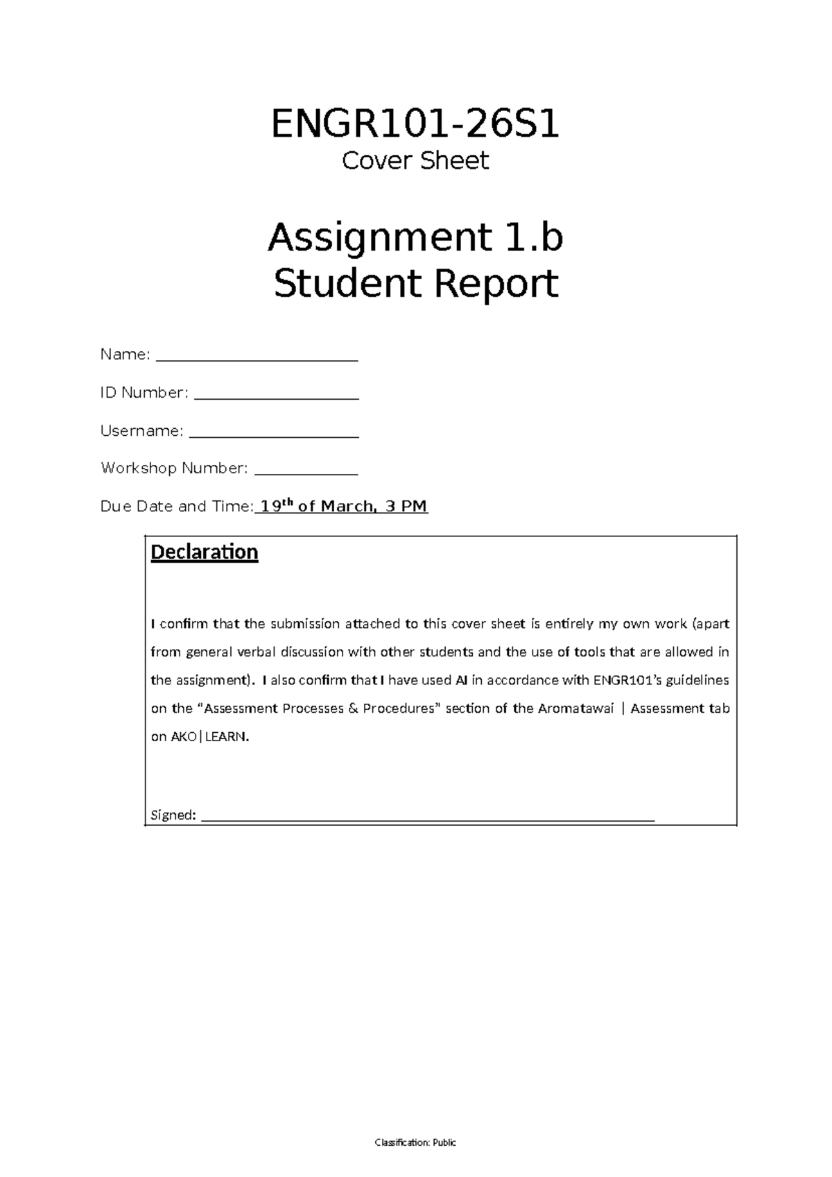 ENGR101 Assignment 1.b Student Report Template for 2026 - Studocu