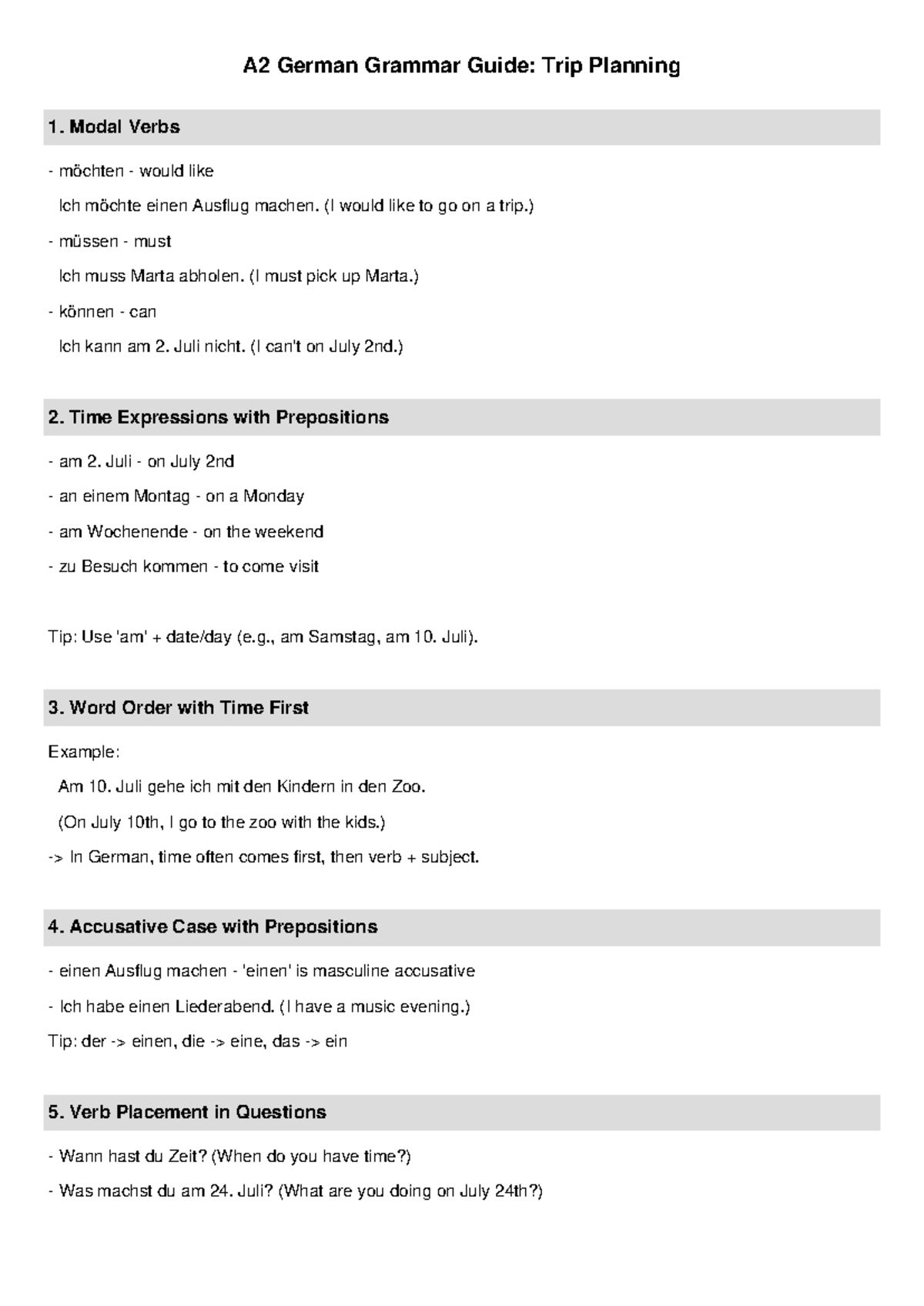 A2 German Grammar Guide: Trip Planning & Key Concepts - Studocu