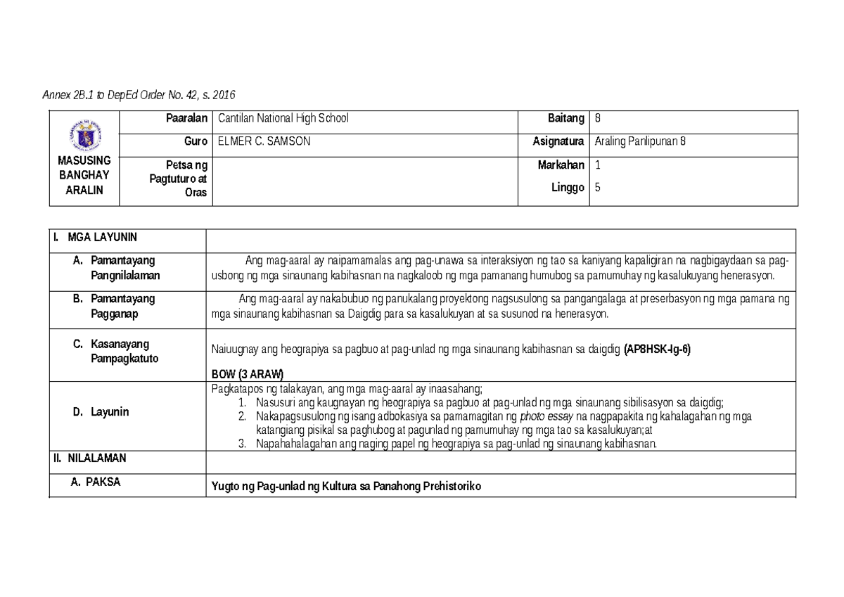 AP8 Q1 WEEK 5 Lesson Plan: Heograpiya at Sinaunang Kabihasnan - Studocu