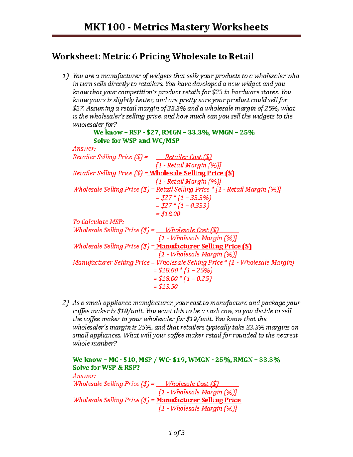 Pricing Wholesale Retail-Answers - MKT100 - Metrics Mastery Worksheets ...
