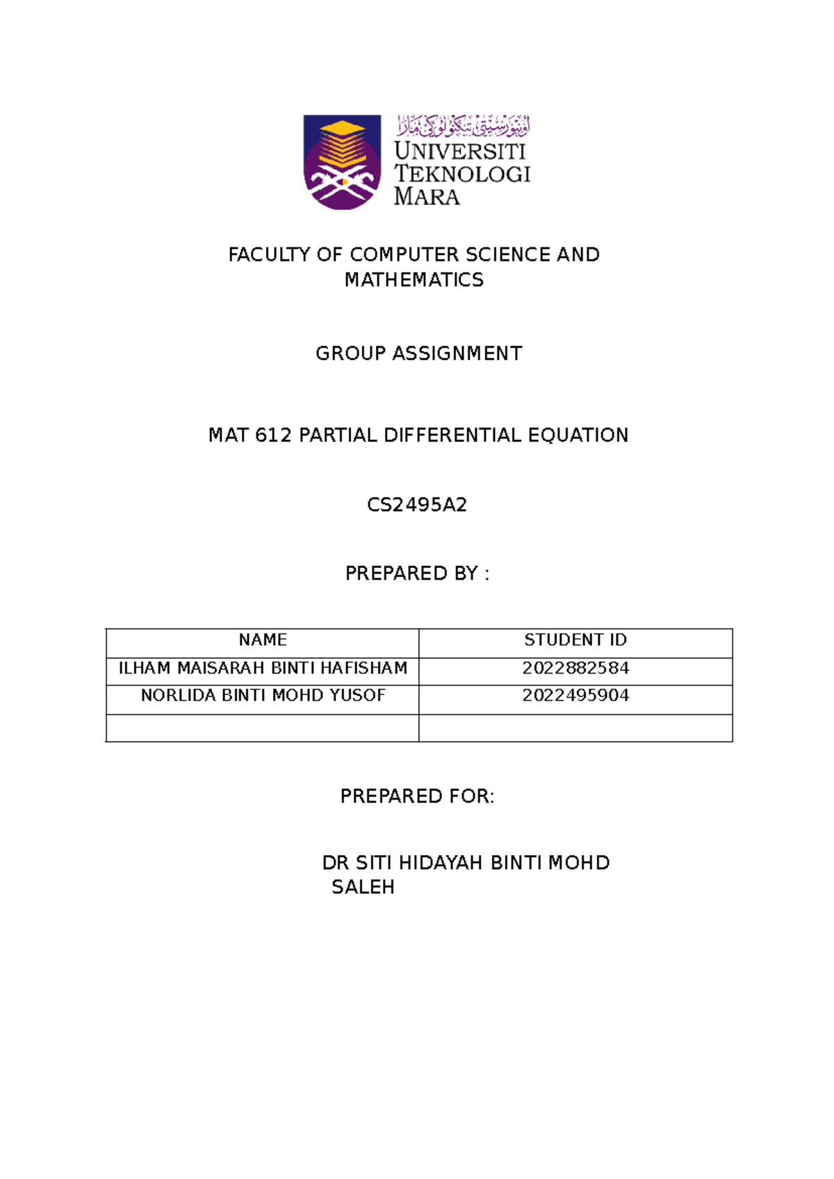 PDE Group Assignment - FACULTY OF COMPUTER SCIENCE AND MATHEMATICS ...