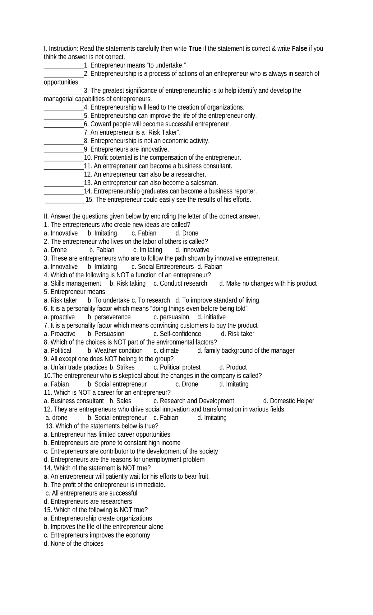 Quiz in Entrep 1 - True/False & Multiple Choice Notes - Studocu