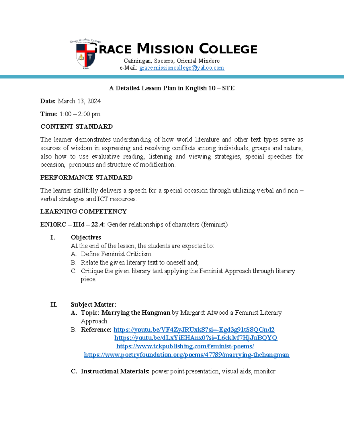 Feminist Criticism Lesson Plan in English 10 - Sample Teaching Guide ...