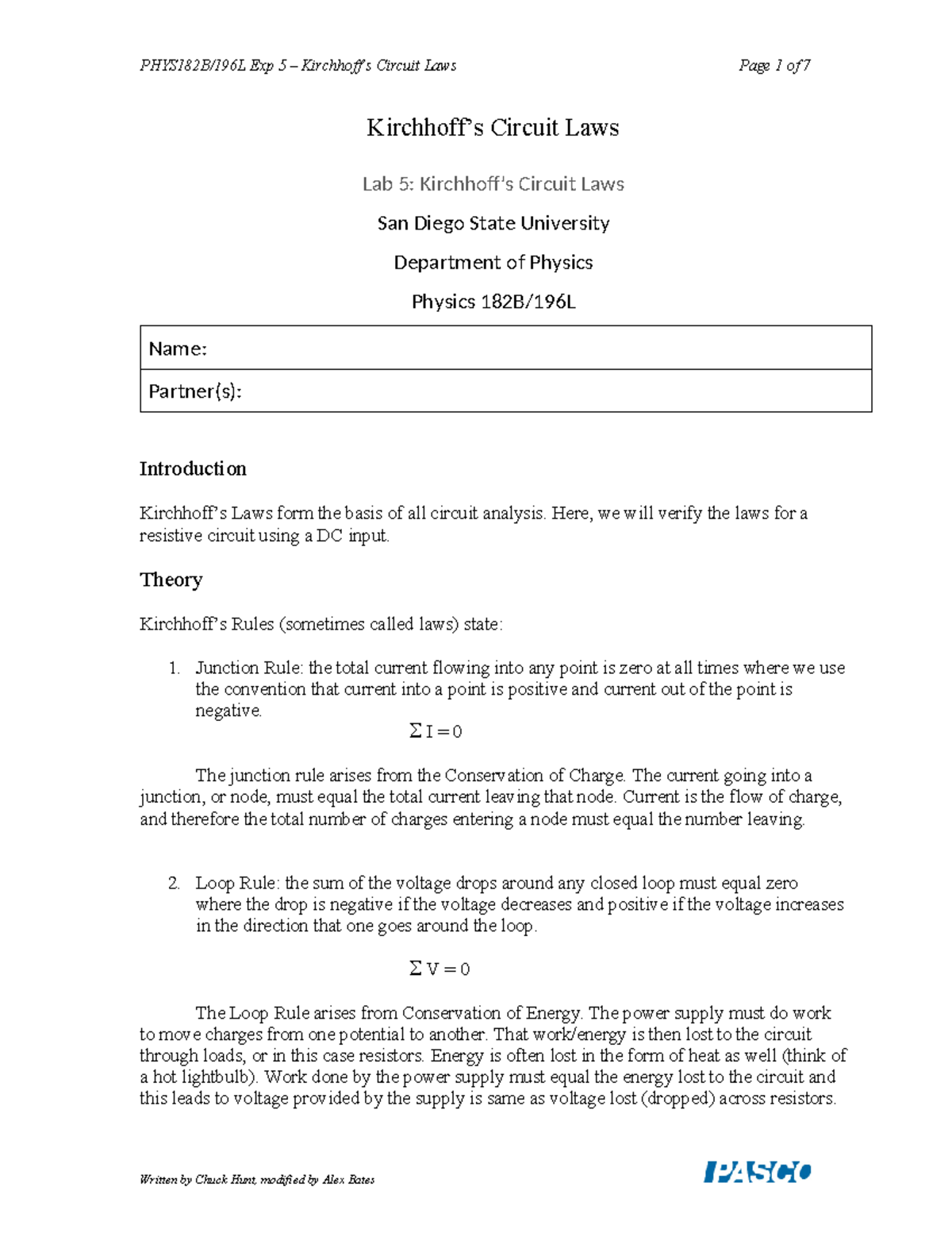 Kirchhoff's Circuit Laws Lab 5 - Physics 182B/196L - Studocu