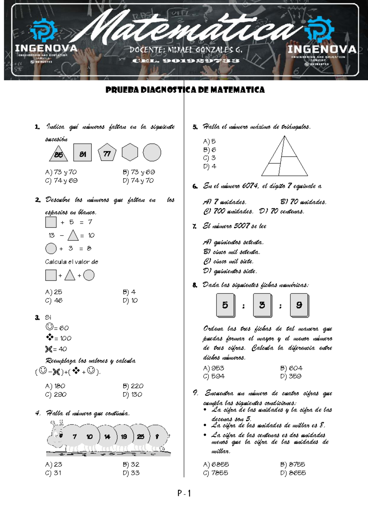 Prueba Diagnóstica de Matemática 1: Ejercicios y Soluciones - Studocu