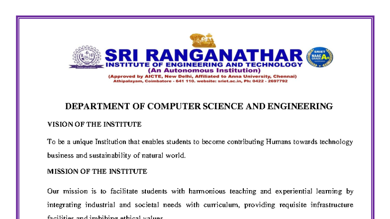 DEPT of CSE Vision, Mission, POs, PSOs & PEOs Overview - Studocu