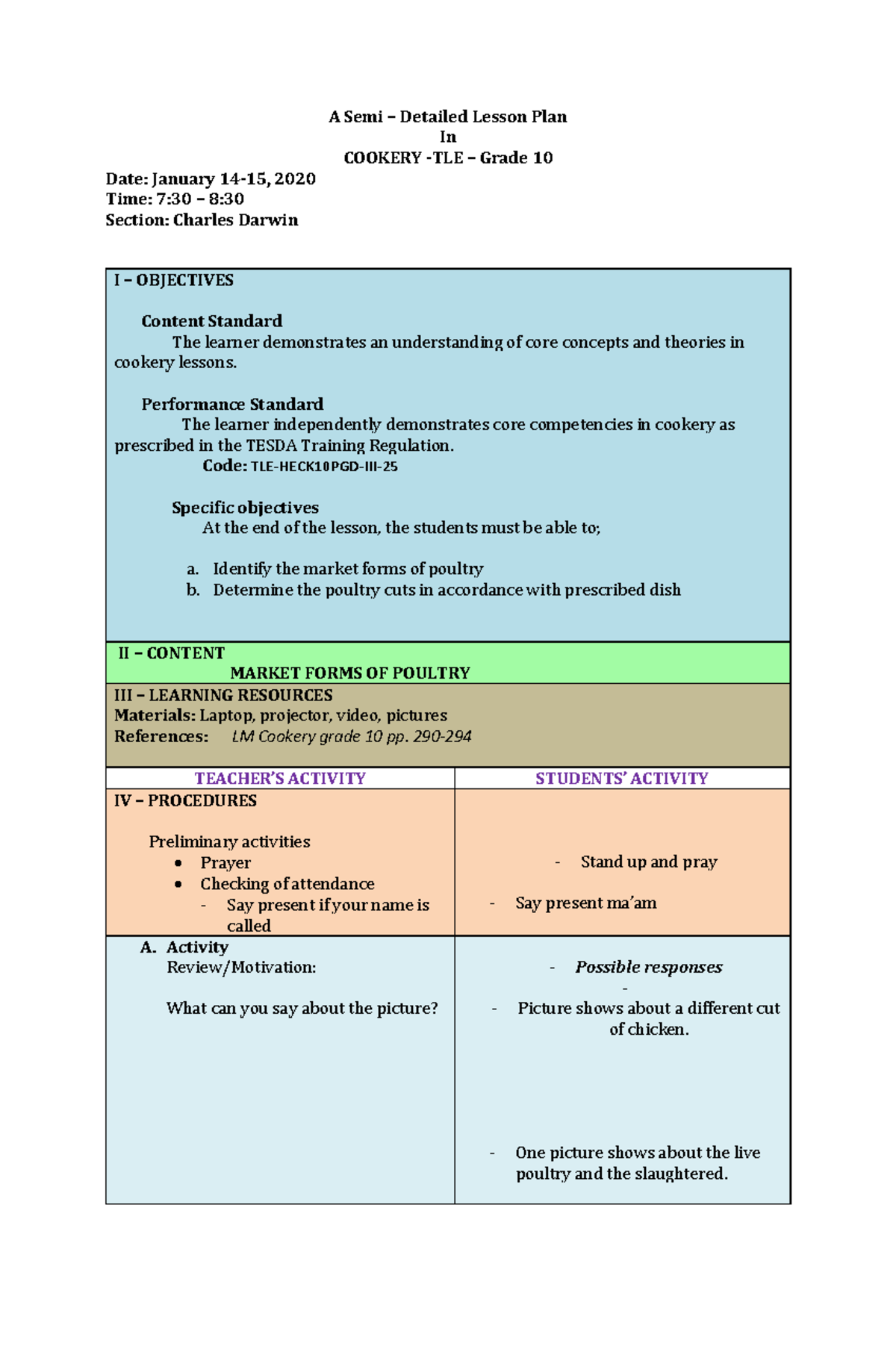 Pdfcoffee - for lesson proper - A Semi – Detailed Lesson Plan In COOKERY -TLE – Grade 10 Date ...
