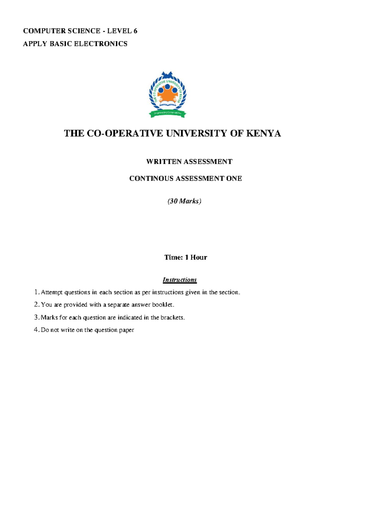 Computer Science Level 6: Basic Electronics Continuous Assessment - Studocu
