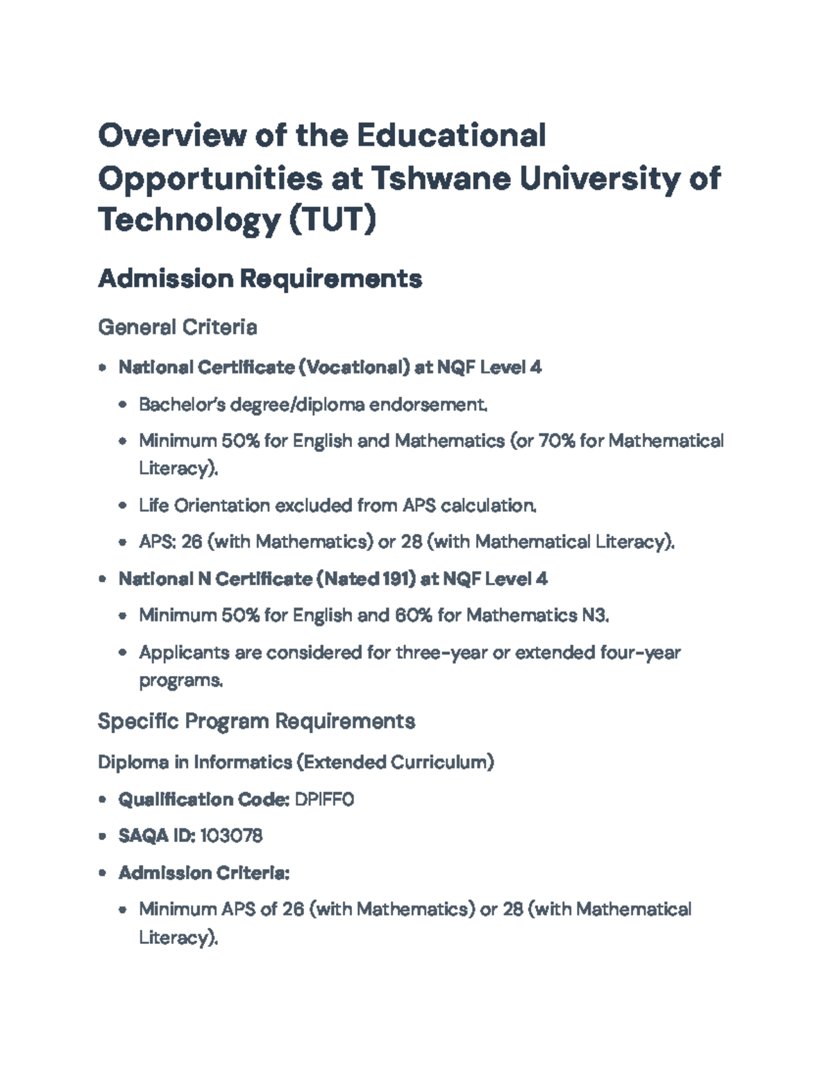 Overview of Admissions and Program Details at TUT (Tshwane University ...