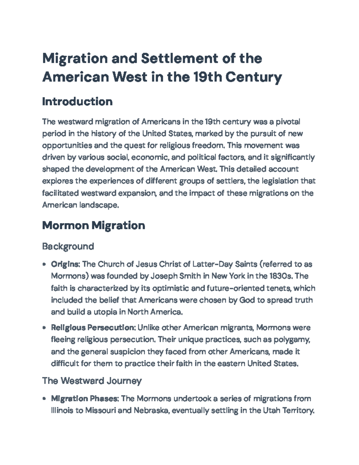 Migration and Settlement of the American West: 19th Century Overview ...