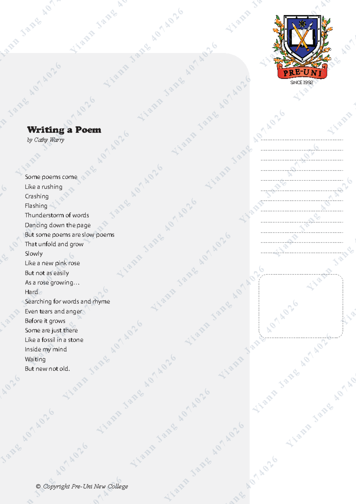 20231 Grade 6 Week 34 Poem Writing Test - Studocu