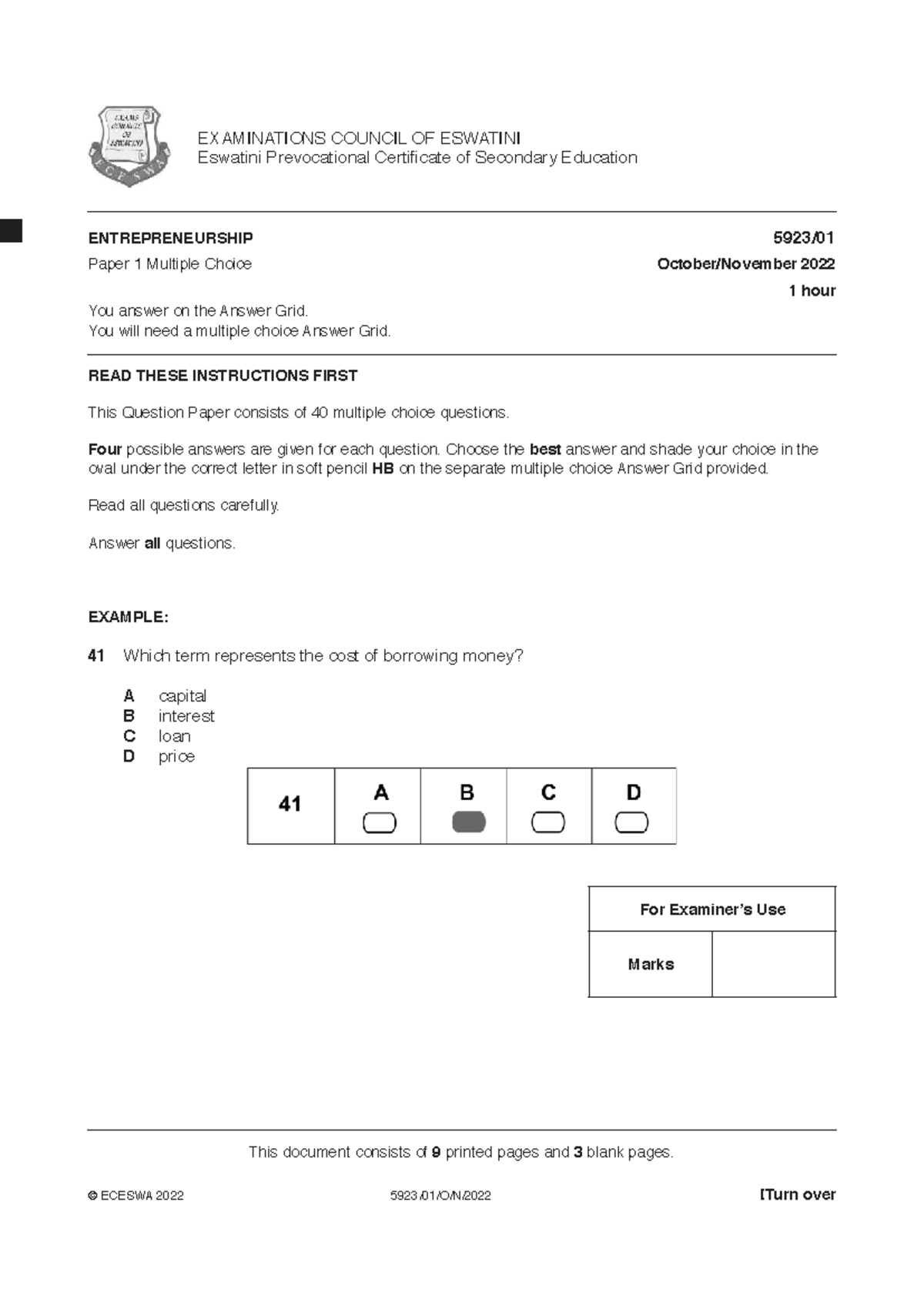 ECESWA 2022 Prevocational Certificate Entrepreneurship Paper 1 MCQs ...