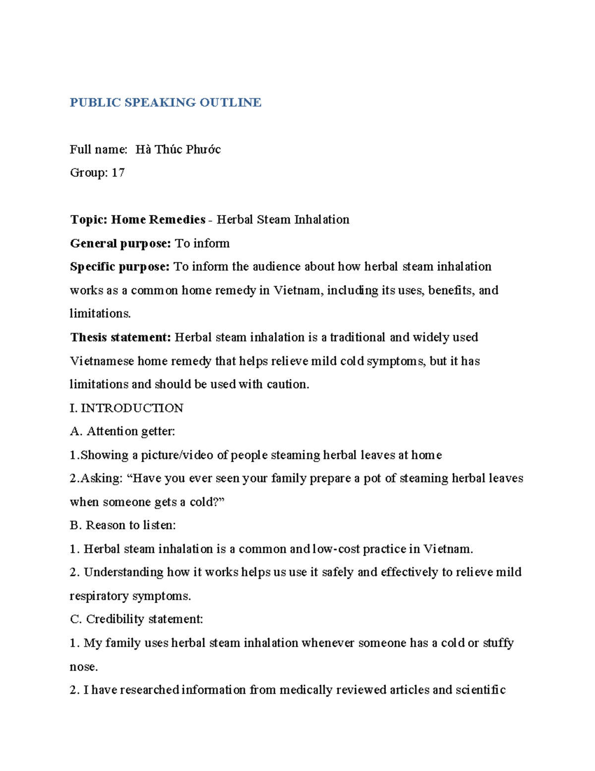 PUBLIC SPEAKING OUTLINE: Herbal Steam Inhalation (Group 17) - Studocu