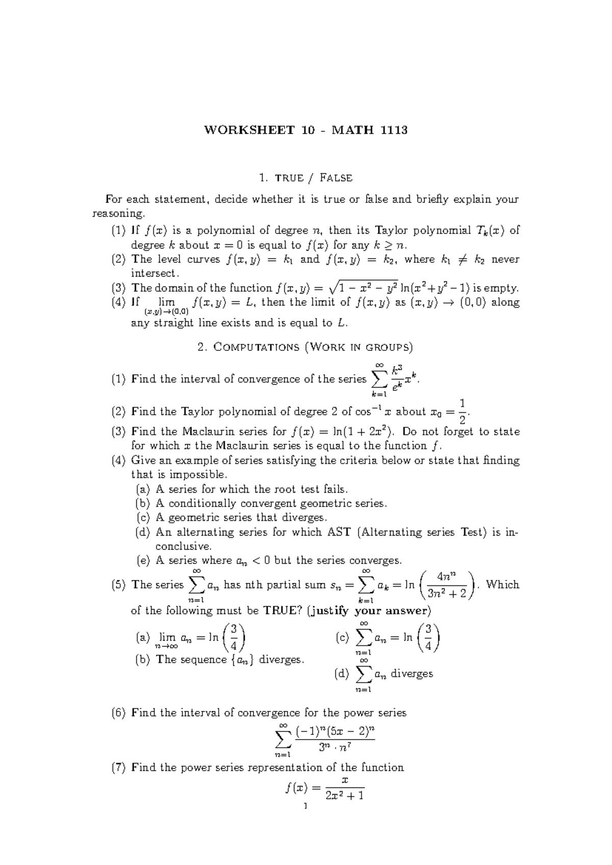 Worksheet 10: True/False & Series Convergence - MATH 1 - Studocu