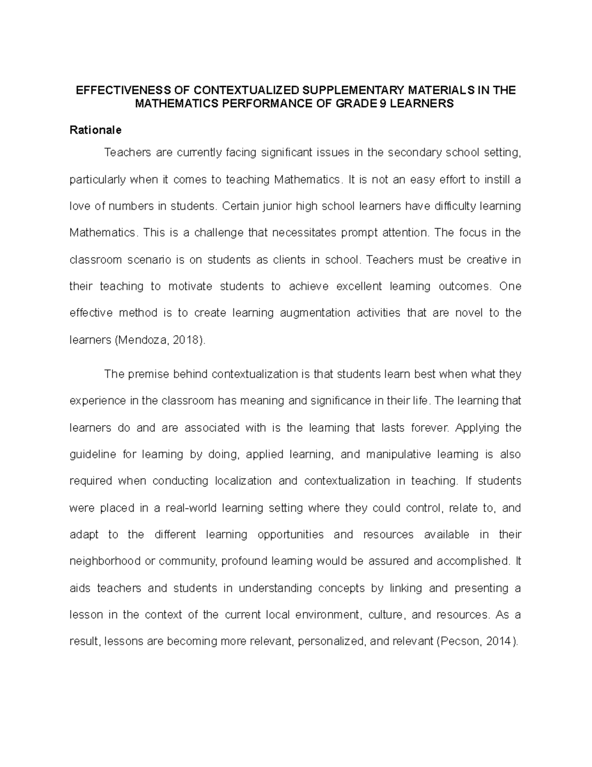 EFFECTIVENESS OF CONTEXTUALIZED SUPPLEMENTARY MATERIALS IN THE ...