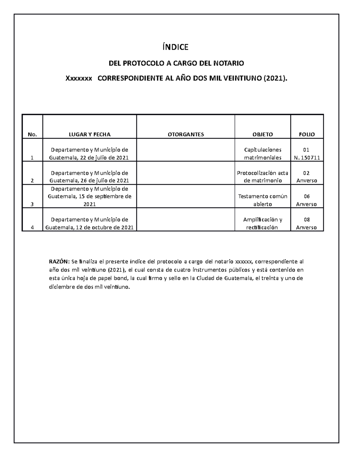 Índice y Testimonio del Protocolo Notarial 2021 de Guatemala - Studocu
