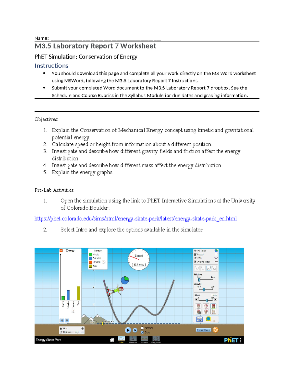 M3.5 Lab Report 7: PhET Simulation on Energy Conservation - Studocu