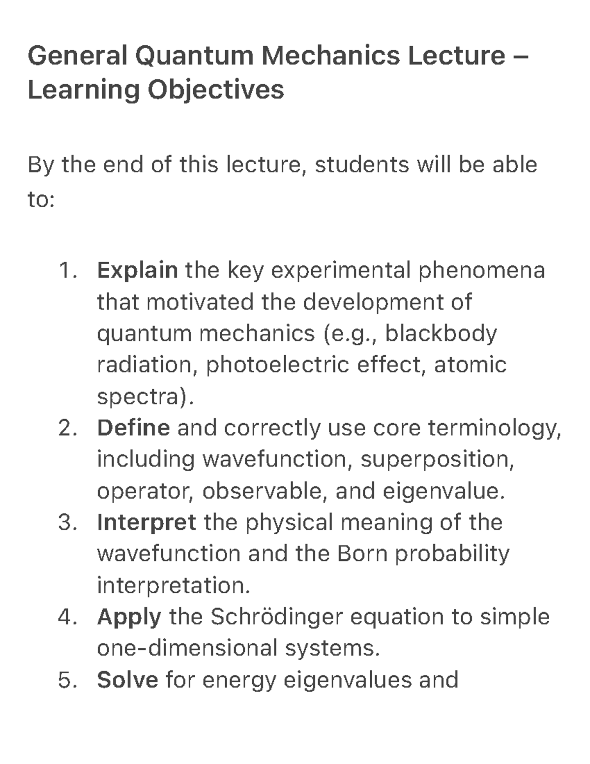 Quantum Mechanics Lecture: Key Learning Objectives - Studocu