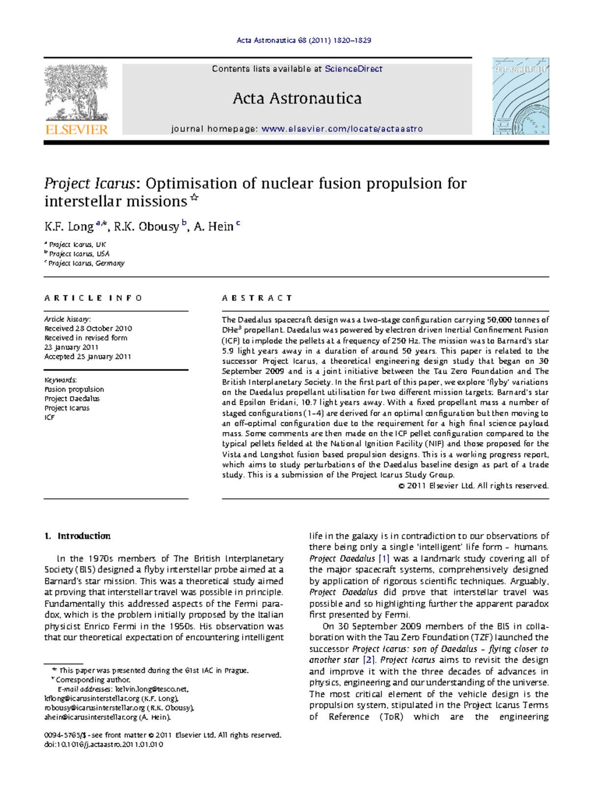 Project Icarus: Optimizing Fusion Propulsion for Interstellar Travel ...