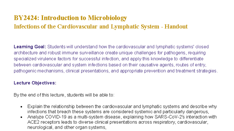 2424: Infections of the Cardiovascular & Lymphatic System Handout - Studocu
