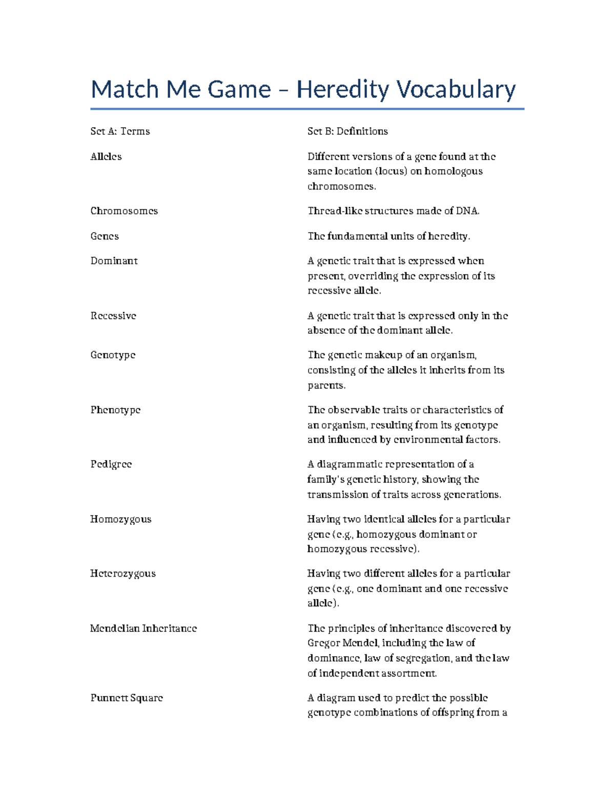 Heredity Match Me Game: Vocabulary Set A & B Definitions - Studocu