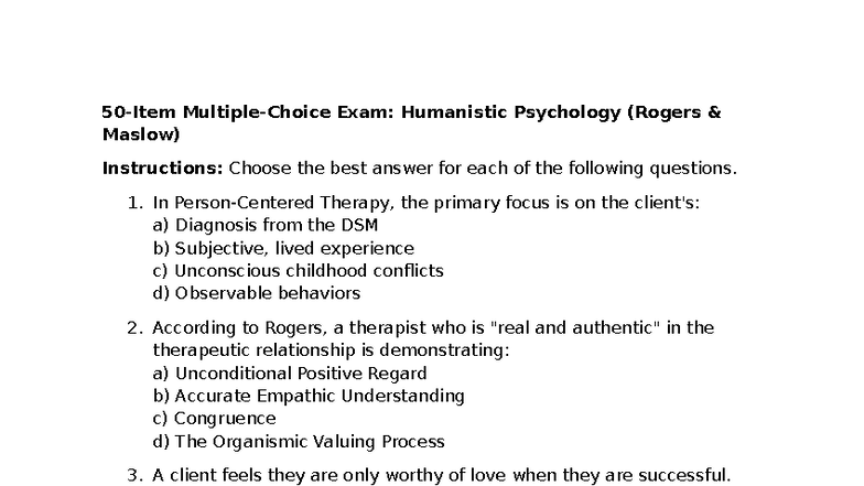 Humanistic Psychology Exam (Rogers & Maslow) - Sample Questions - Studocu