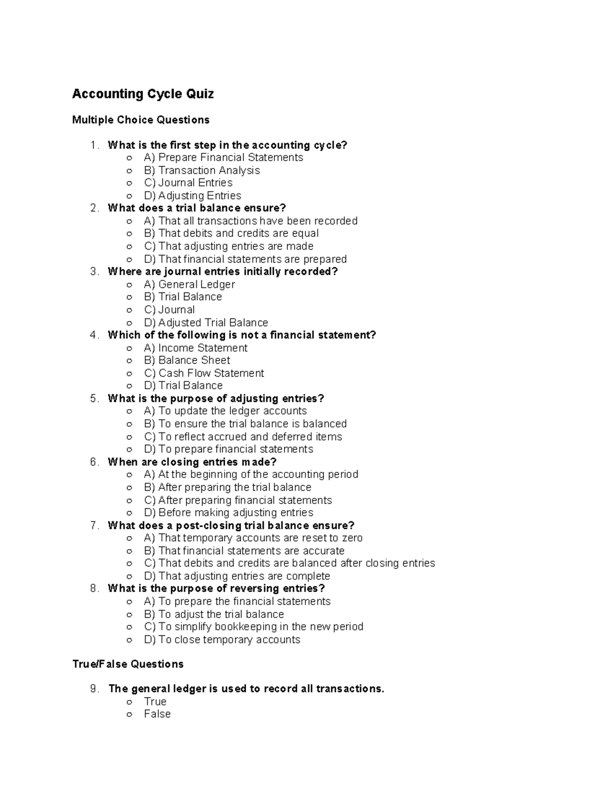 Accounting Cycle Quiz - Multiple Choice & True/False Questions - Studocu