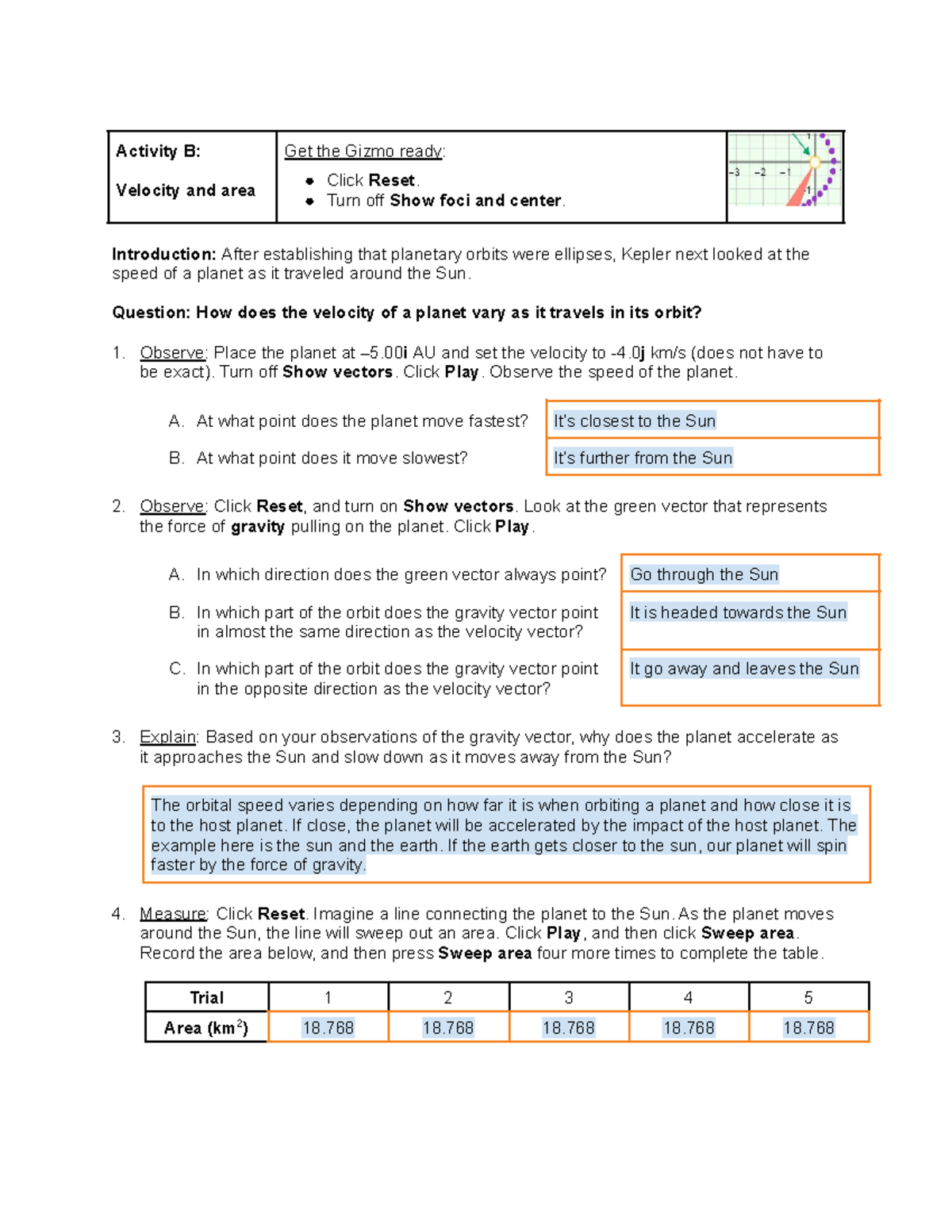 Student Exploration on Orbital Motion & Kepler’s Laws - Activity B ...