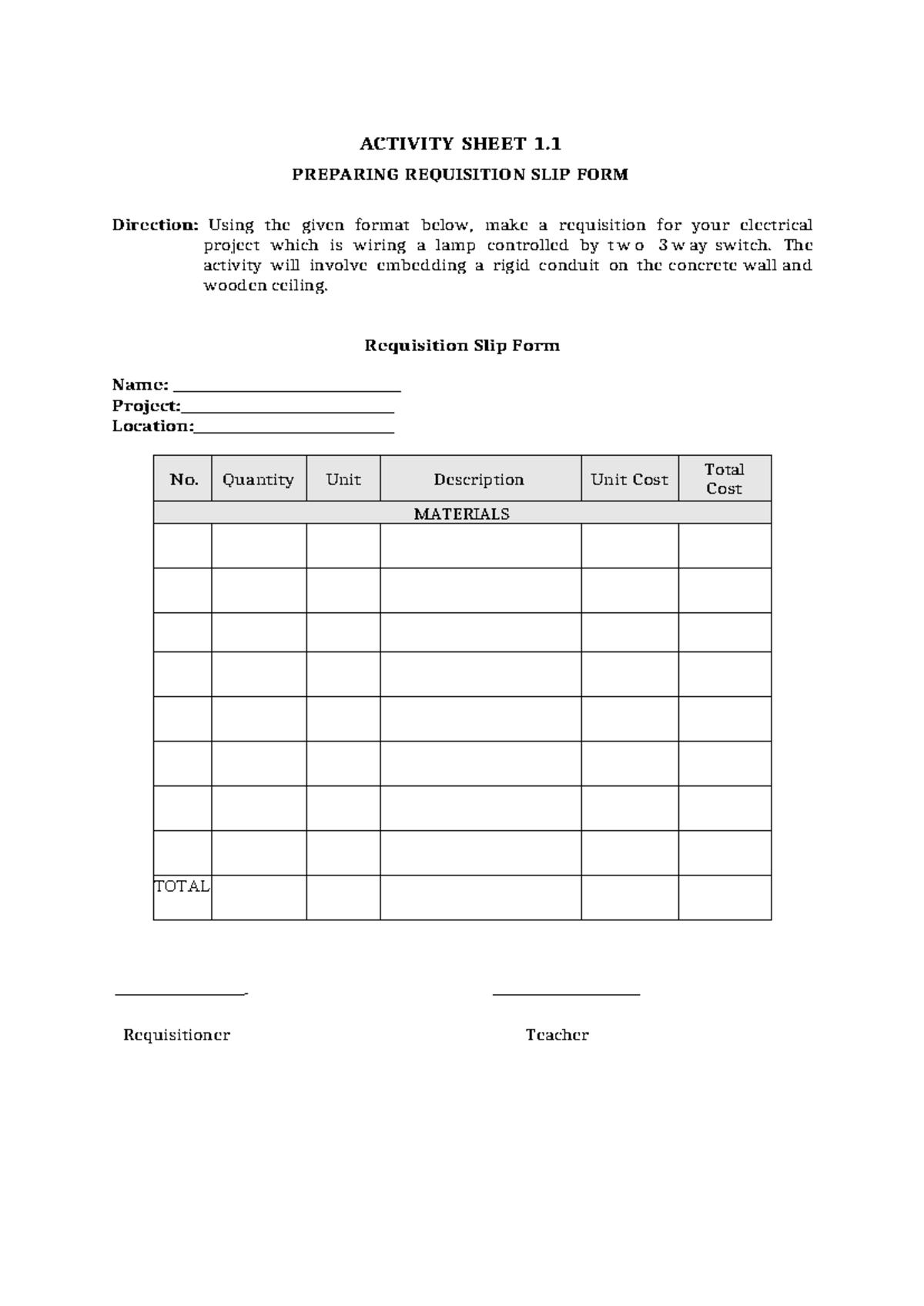 Requisition Slip Form for Electrical Project (Activity Sheet 1.1) - Studocu
