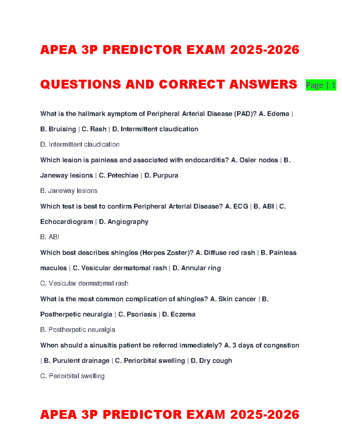 APEA 3P PREDICTOR EXAM 2025-2026: Questions & Answers Guide - Studocu