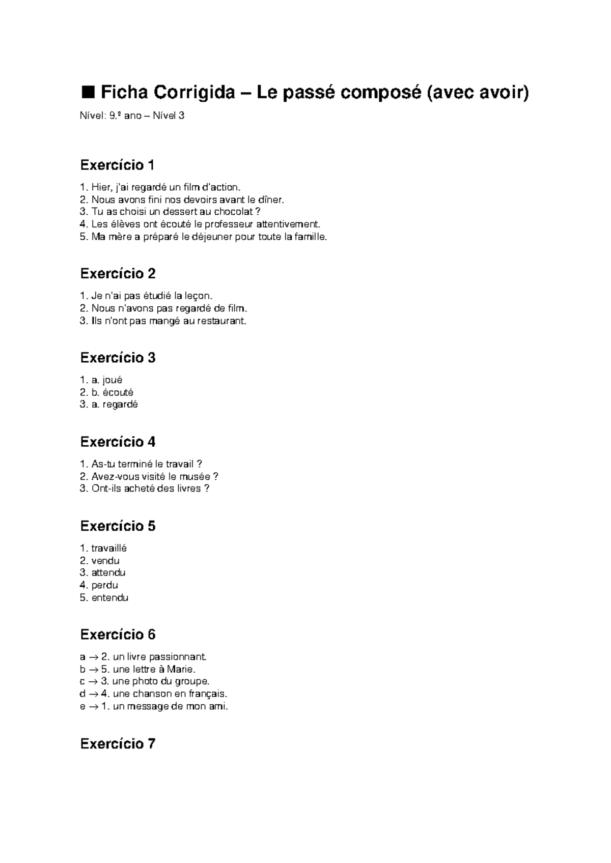 Ficha Corrigida: Le Passé Composé (Avoir) - Nível 9.º Ano - Studocu