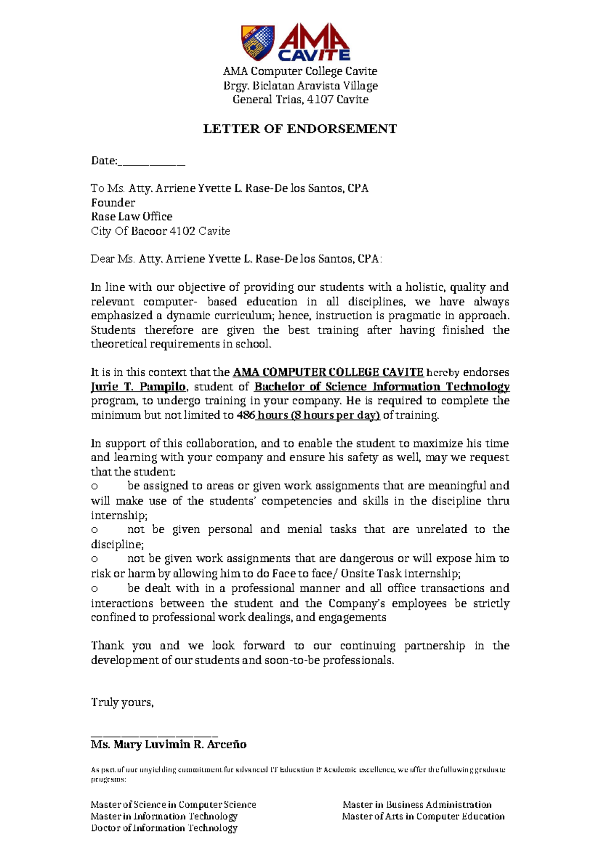 AMA Computer College Cavite - Endorsement for Jurie T. Pampilo - Studocu