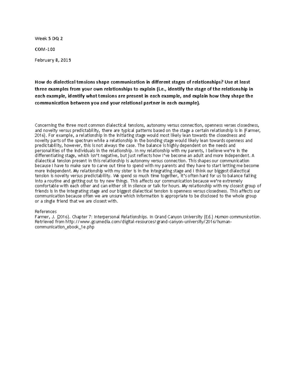 Week 5 DQ 2 COM-2919: Dialectical Tensions in Relationships - Studocu
