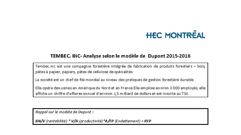Analyse du Modèle de Dupont pour Tembec Inc. - Studocu