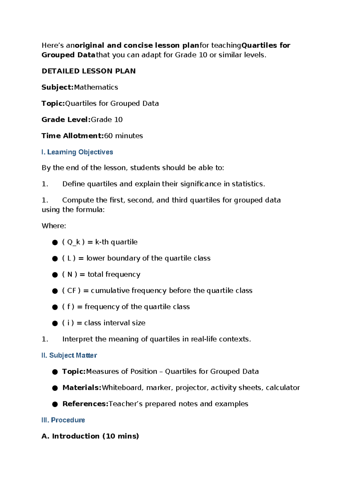 Grade 10 Math Lesson Plan: Teaching Quartiles for Grouped Data - Studocu