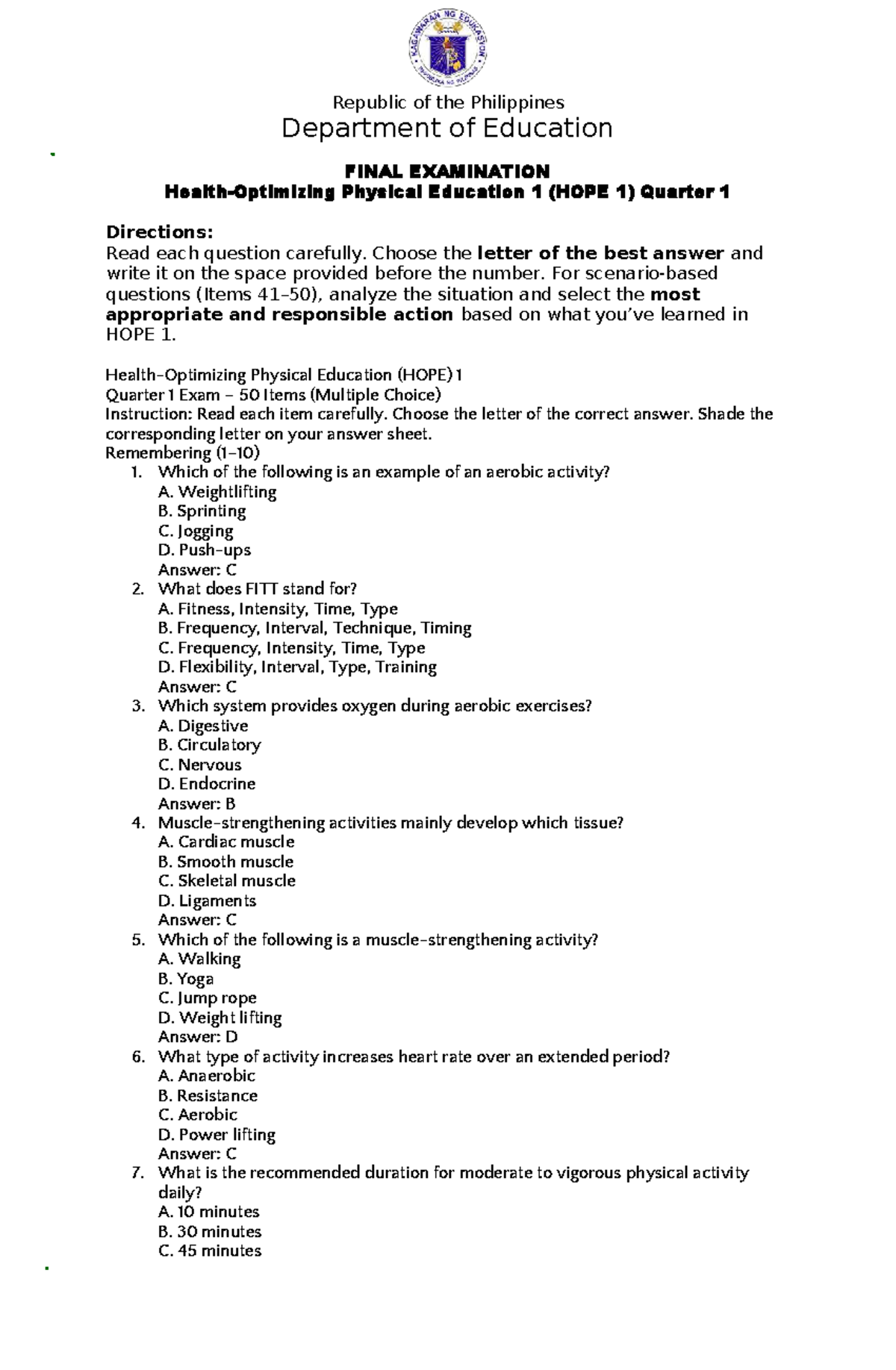 PE1 - HOPE 1 Quarter 1 Final Exam with Table of Specifications - Studocu