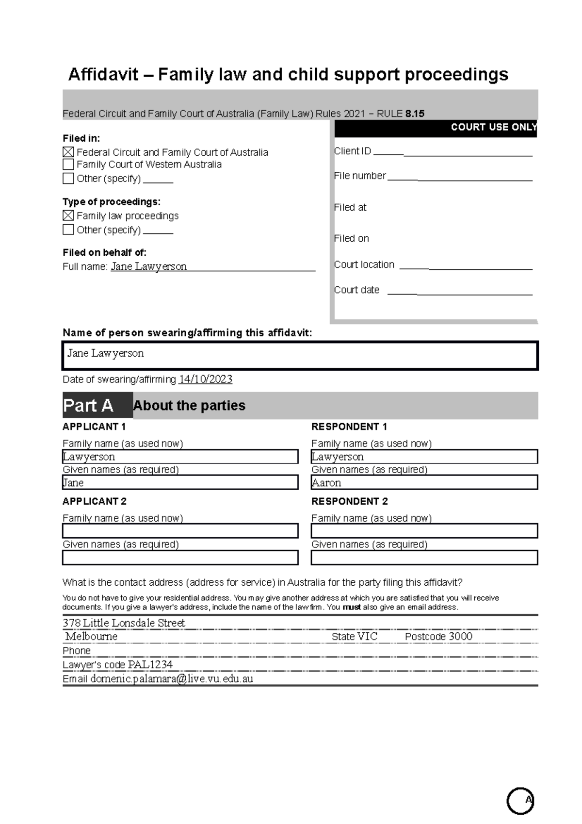 Family Law Affidavit - Jane Lawyerson (Final Copy) - Studocu