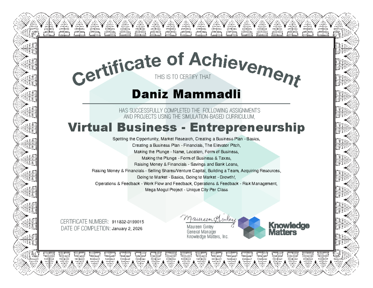Certificate of Achievement: Virtual Business Entrepreneurship - Studocu