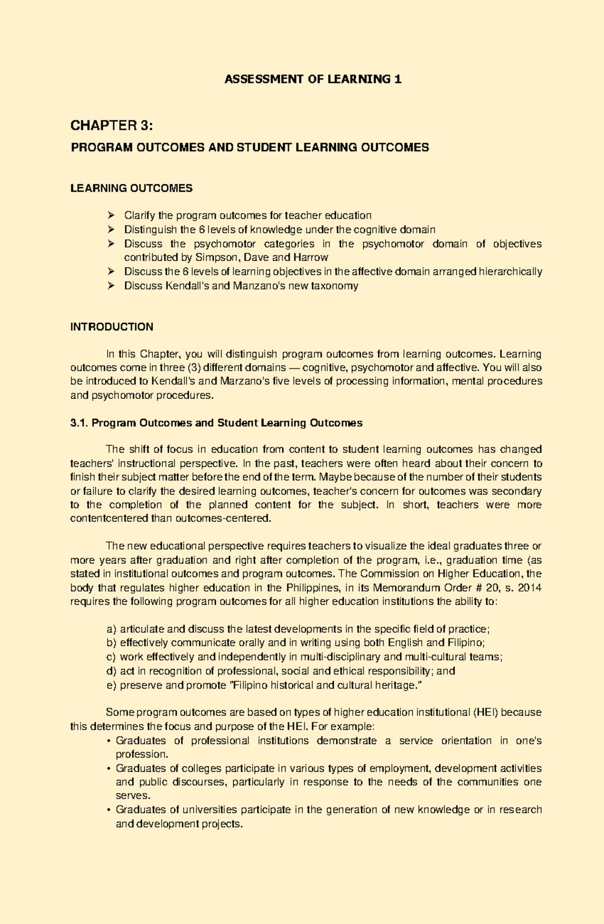 Program Outcomes & Student Learning Outcomes in Teacher Education - Studocu