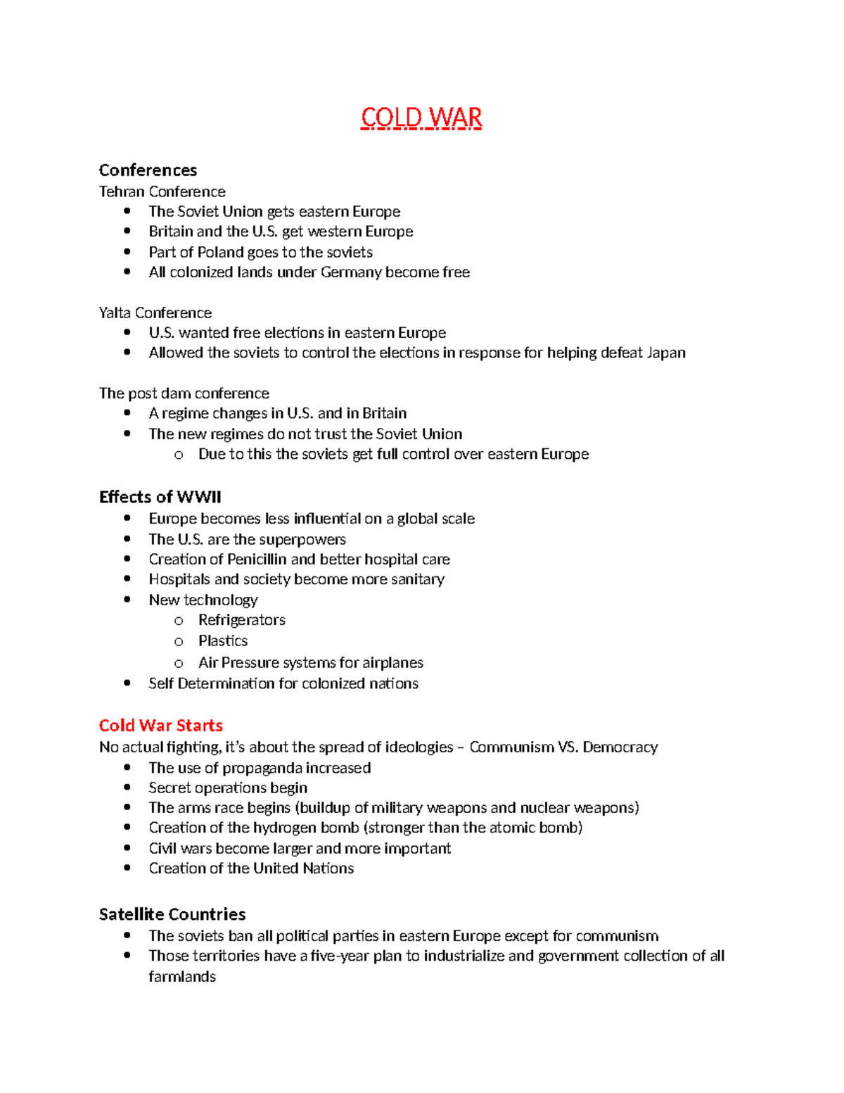 COLD WAR Overview: Key Conferences and Global Impacts - Studocu