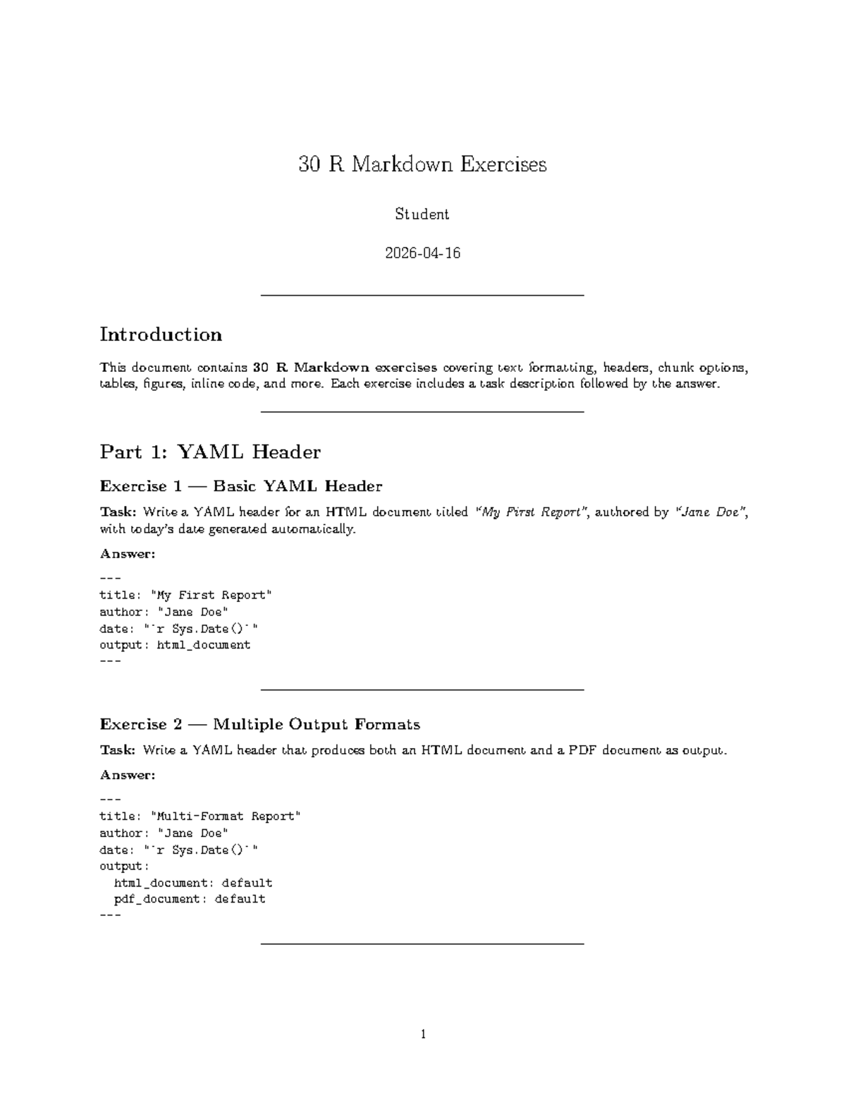 RMD 30 Exercises: Intro to R Markdown Techniques - Studocu