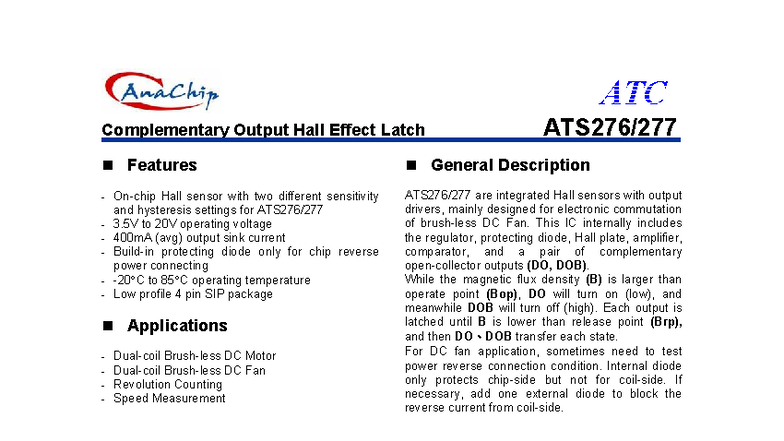 ATS276 - ATC Complementary Output Hall Effect Latch Overview - Studocu