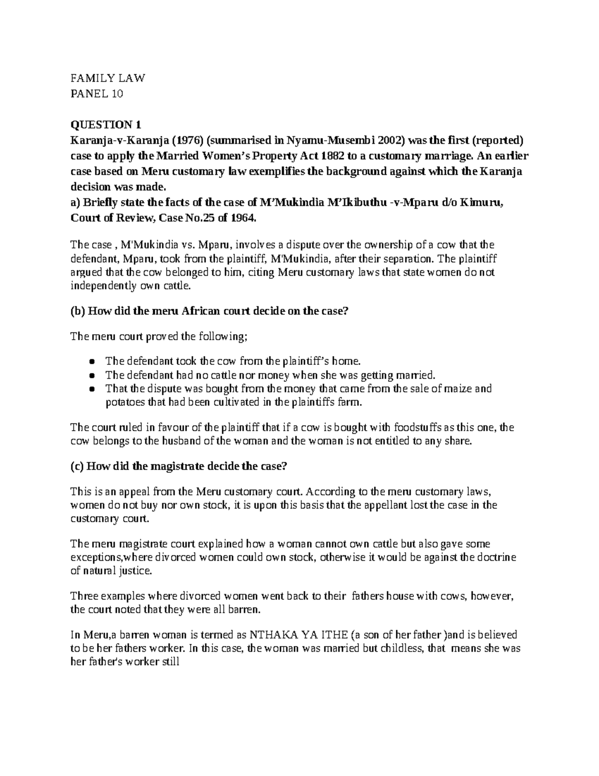 Family Law Notes for LLB - Matrimonial Property Cases Analysis - Studocu