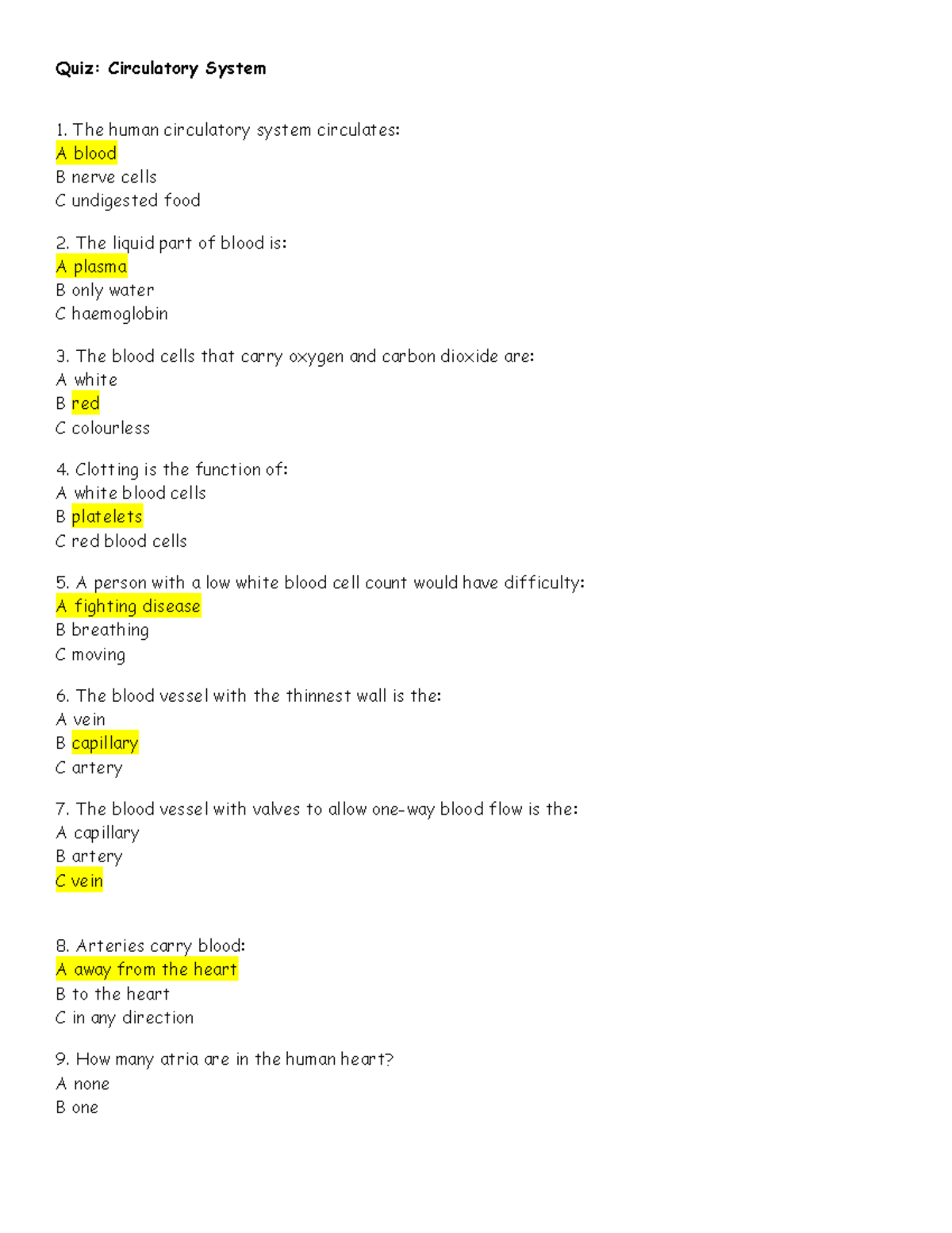 Quiz on Circulatory System - A. - Studocu