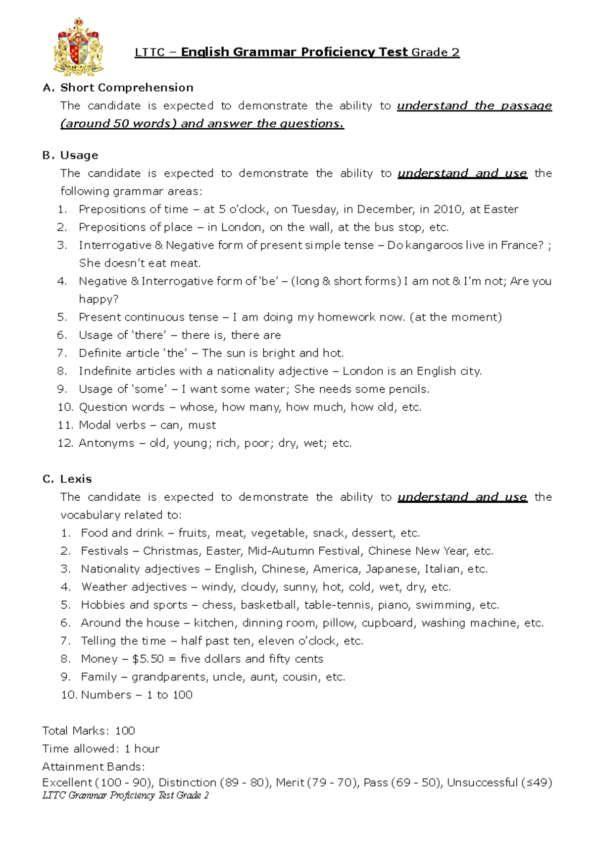 167 LTTC Grade 3 English Grammar Proficiency Test Sample - Studocu