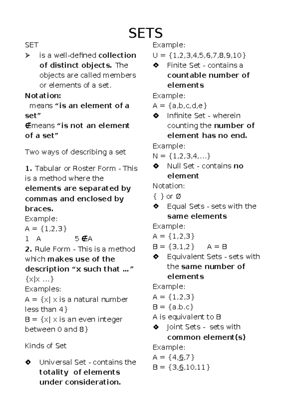 MMW - 3 - Final Exam Notes on Sets and Set Operations - Studocu