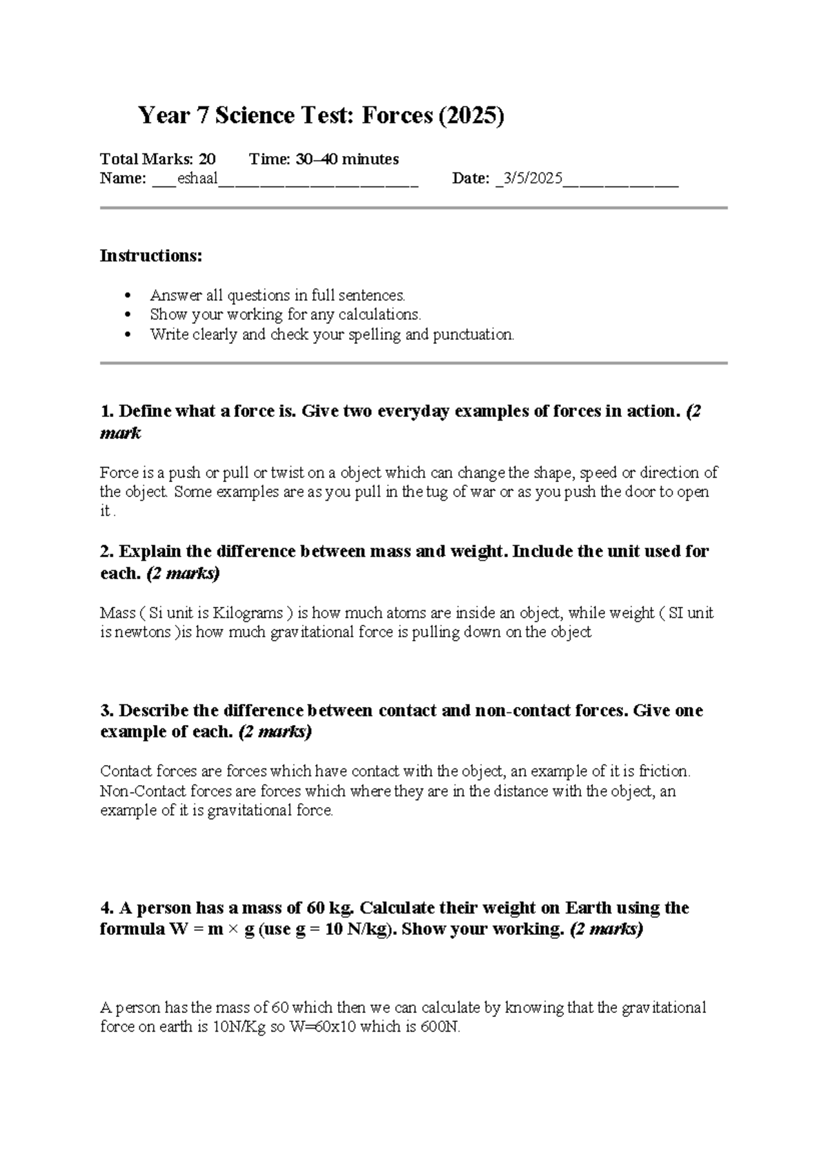 Year 7 Science Test: Forces (2025) - Lecture Notes - Studocu