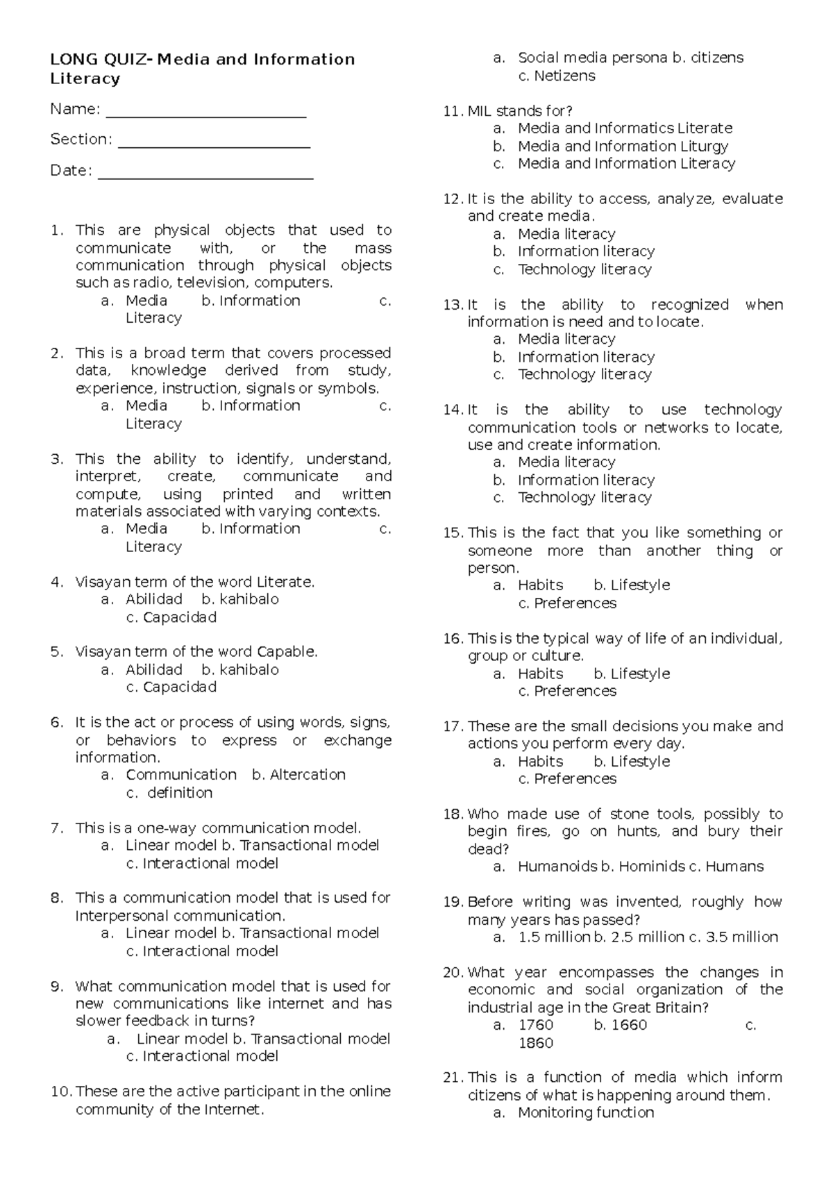 LONG QUIZ - MIL: Media and Information Literacy Notes - Studocu