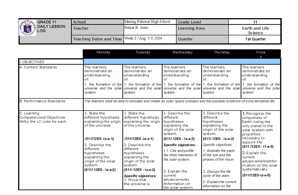 2ND WEEK Grade 11 Daily Lesson LOG - GRADE 11 DAILY LESSON LOG School ...