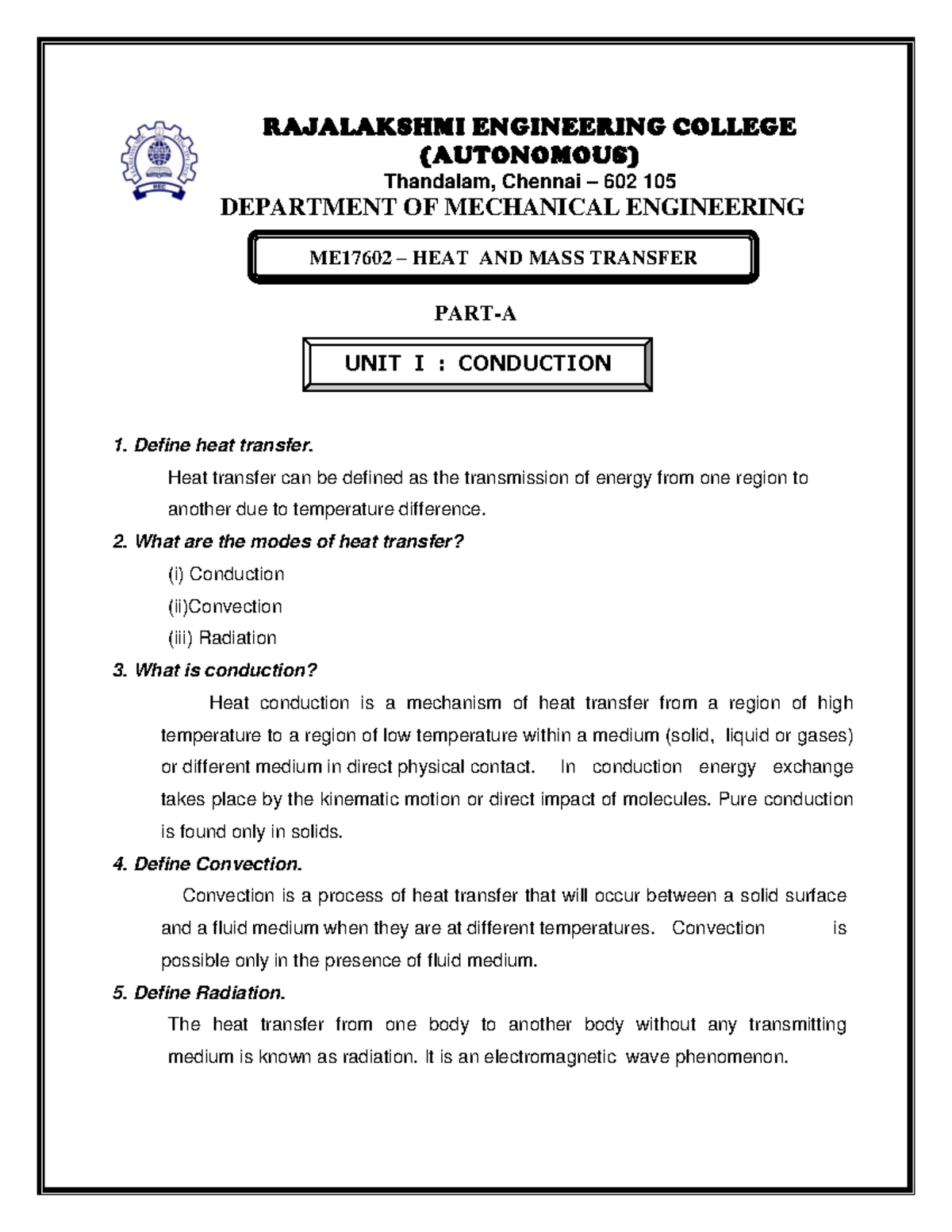 HMT-MLM: Heat and Mass Transfer Notes - Unit I to V Overview - Studocu